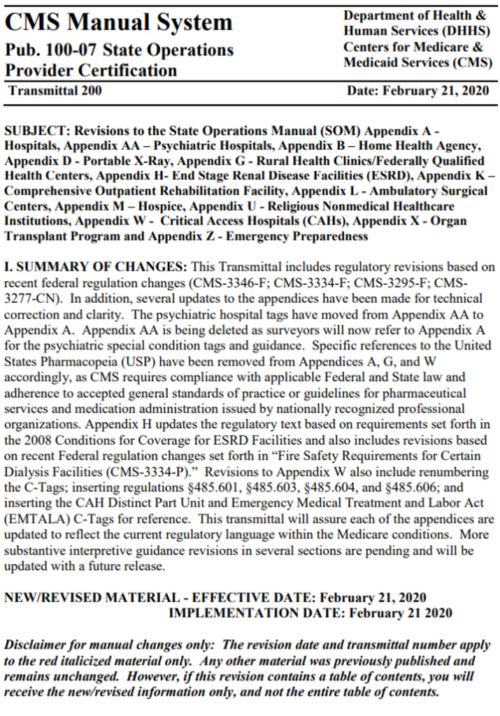 CMS Posts Updates to State Operations Manual (SOM) Appendices ...