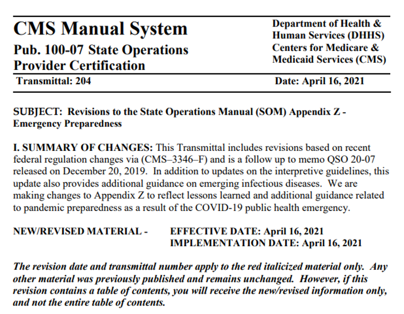 Revisions to the State Operations Manual (SOM) Appendix Z – Emergency ...