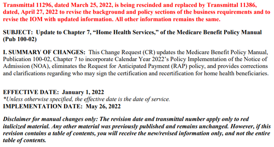 Update to Chapter 7, Home Health Services – Medicare Benefit Policy ...