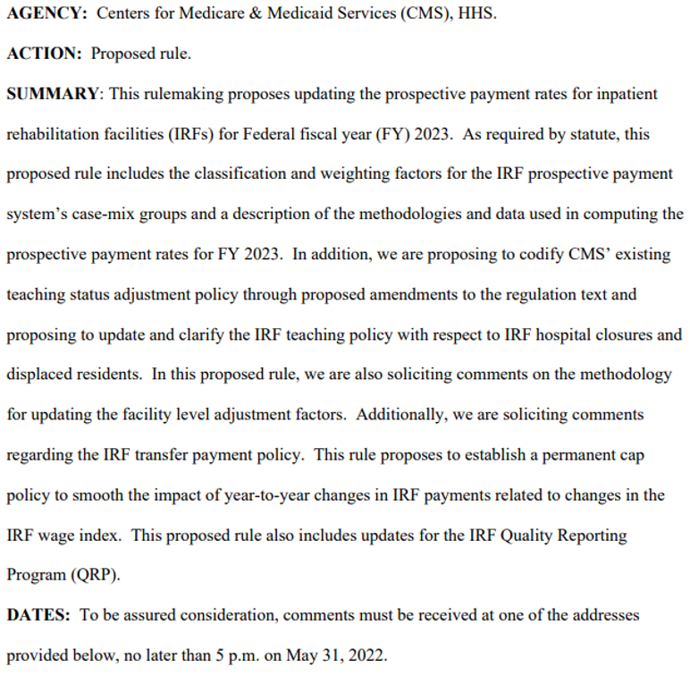 Inpatient Rehabilitation Facility Prospective Payment System for ...