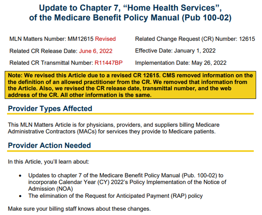 Update to Chapter 7 – Home Health Services – Medicare Benefit Policy ...