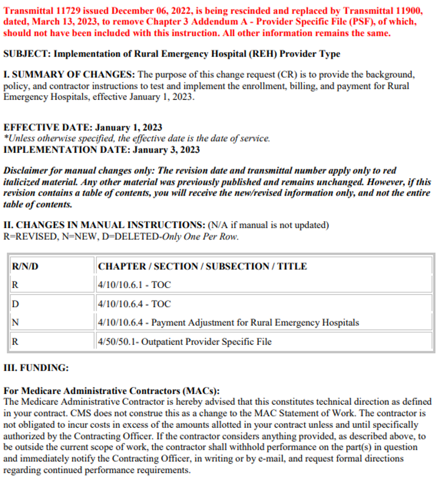 Implementation of Rural Emergency Hospital (REH) Provider Type ...