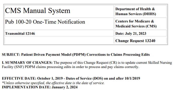 Patient Driven Payment Model (PDPM) Corrections to Claims Processing ...